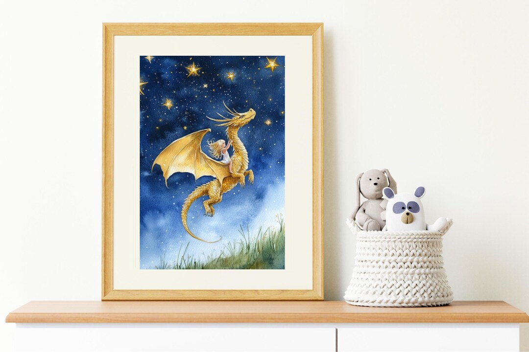 Fairytale Fantasy Artwork Golden Wyvern Watercolor Poster for Nursery ...