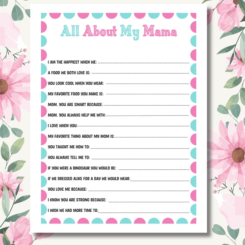 All About My Mama Printable, Personalized Gift for Mom, Bonus Mom, Fill in the Blank for Mother ...