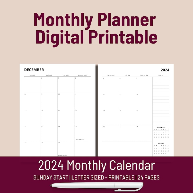 Monthly Planner 2024printable Monthly Planner 2024 Monthly - Etsy