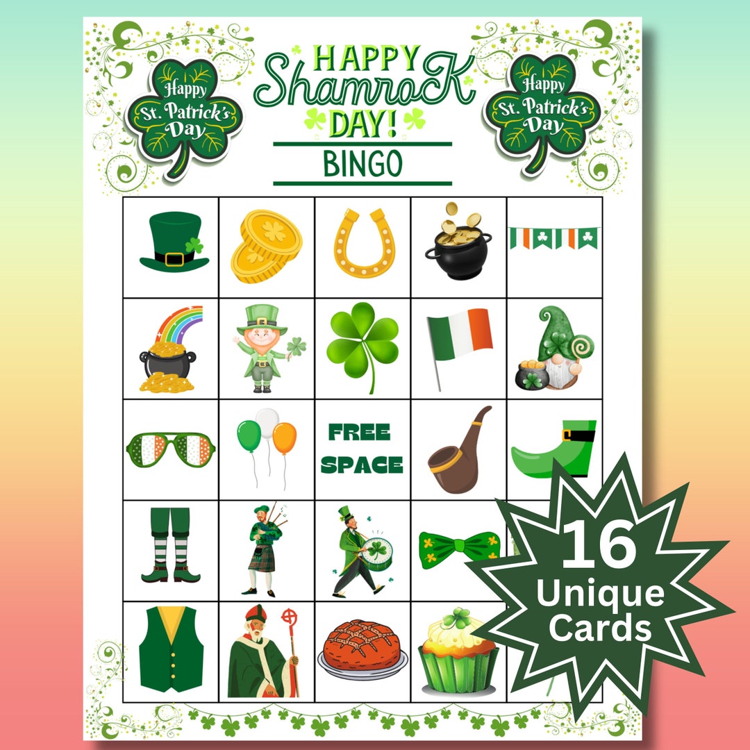 Printable St Patrick's Day Bingo Game, 16 Unique Bingo Cards W/labels ...