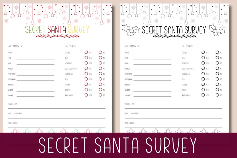 Secret Santa Survey, Secret Santa Questionnaire Printable, Holiday Gift ...