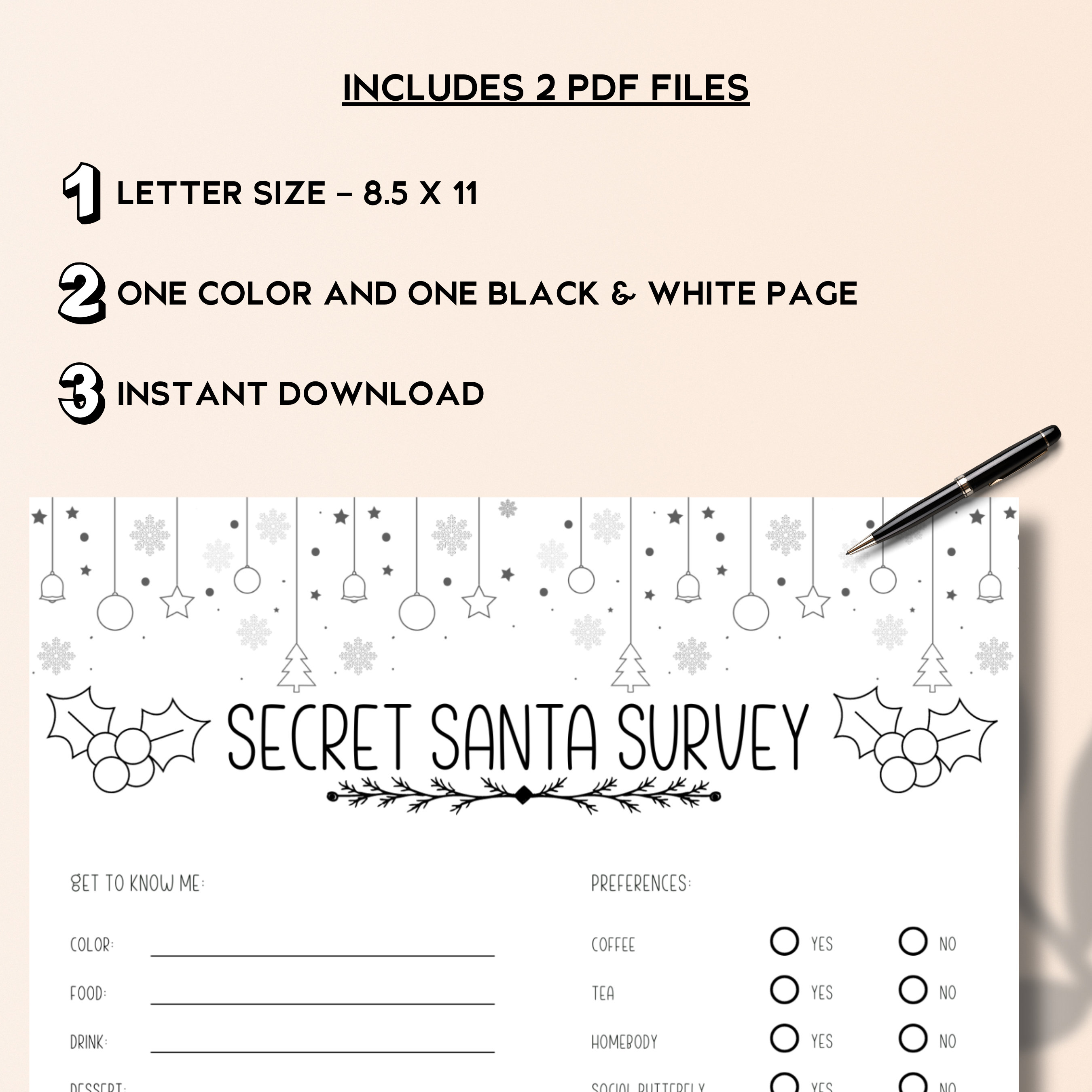 Secret Santa Survey, Secret Santa Questionnaire Printable, Holiday Gift ...