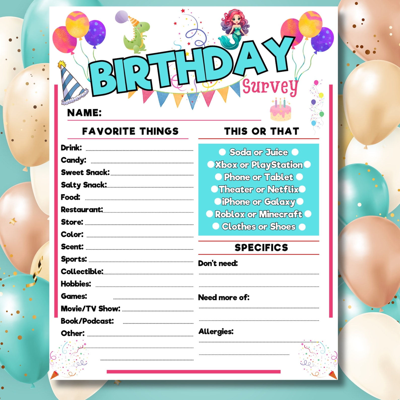 Birthday Survey, Birthday Questionnaire Printable, Getting to Know You ...