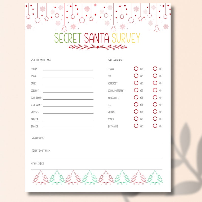 Secret Santa Survey, Secret Santa Questionnaire Printable, Holiday Gift Exchange Survey, White ...