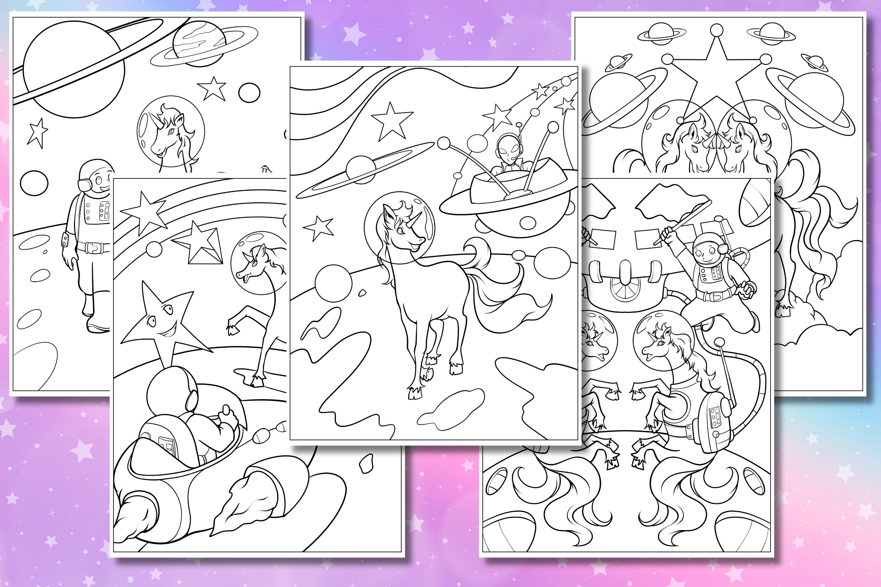 Unicorn Coloring Pages Unicorn Printables Unicorn in Space - Etsy
