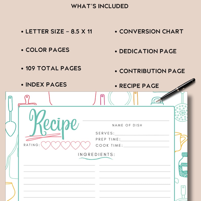 Printable Recipe Page, Printable Recipe Book, Downloadable Recipe Book ...