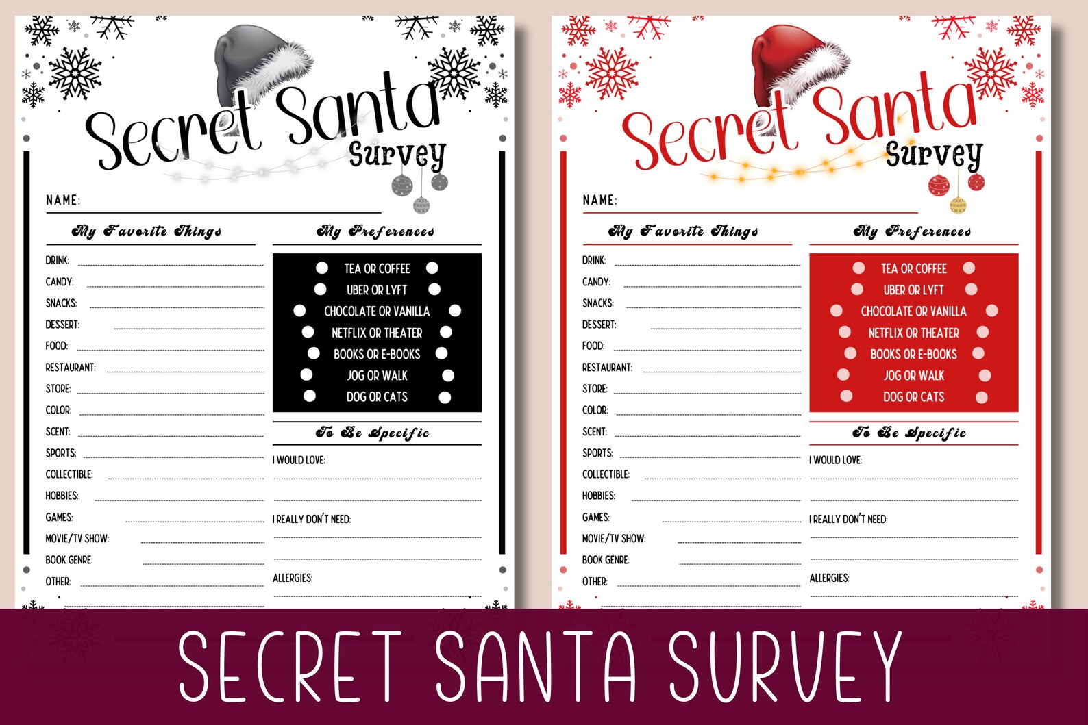 Secret Santa Survey, Secret Santa Questionnaire Printable, Holiday Gift ...