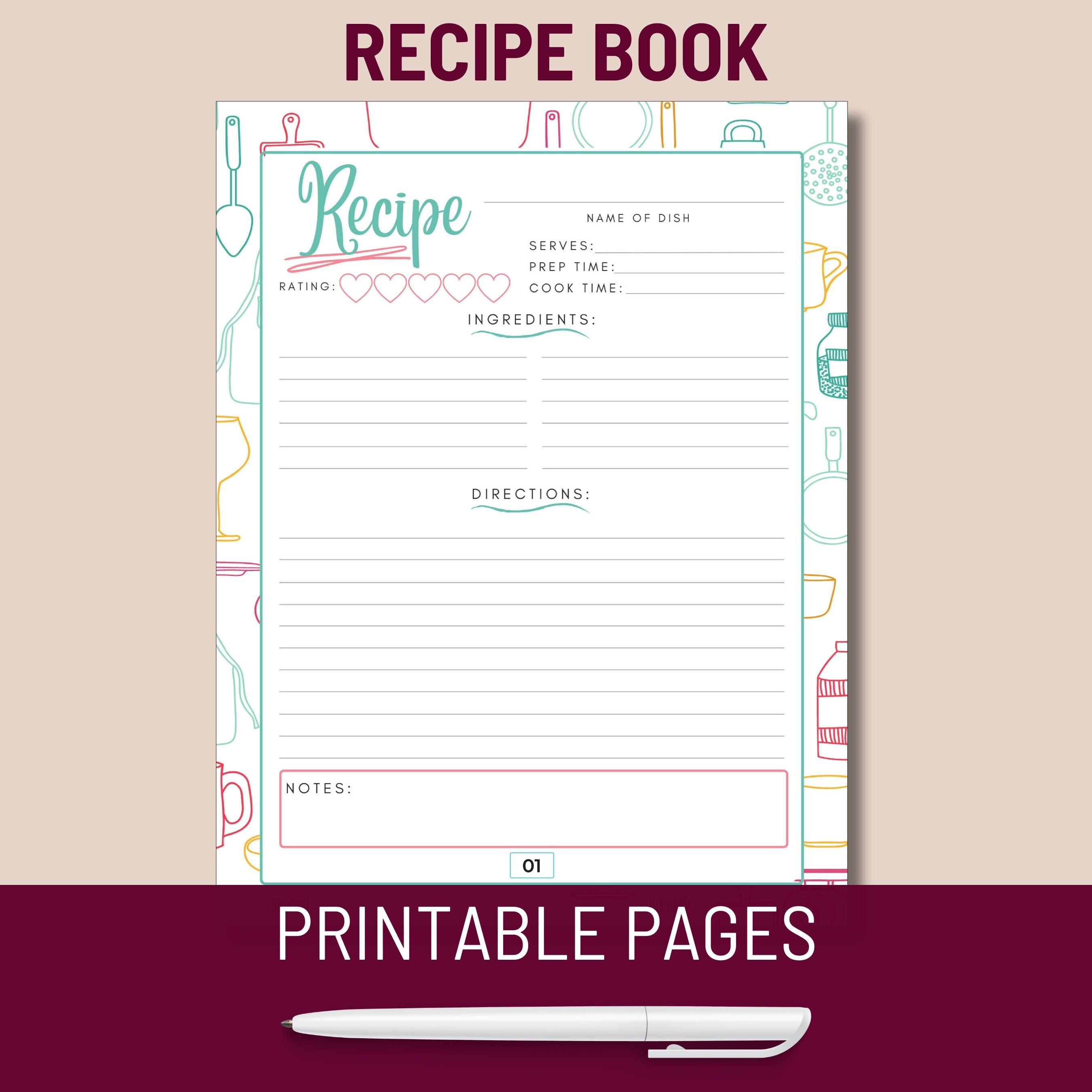 Printable Recipe Page, Printable Recipe Book, Downloadable Recipe Book ...