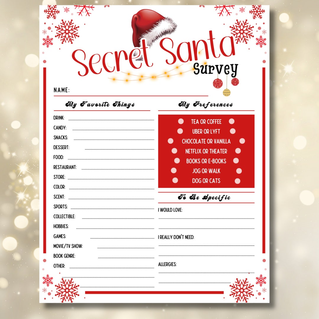 Secret Santa Survey, Secret Santa Questionnaire Printable, Holiday Gift ...