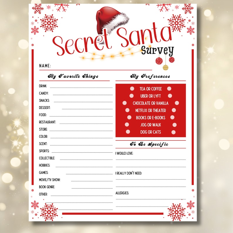 Secret Santa Survey, Secret Santa Questionnaire Printable, Holiday Gift ...