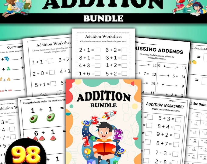 98 Printable Addition Worksheets Kindergarten Addition Bundle and ...