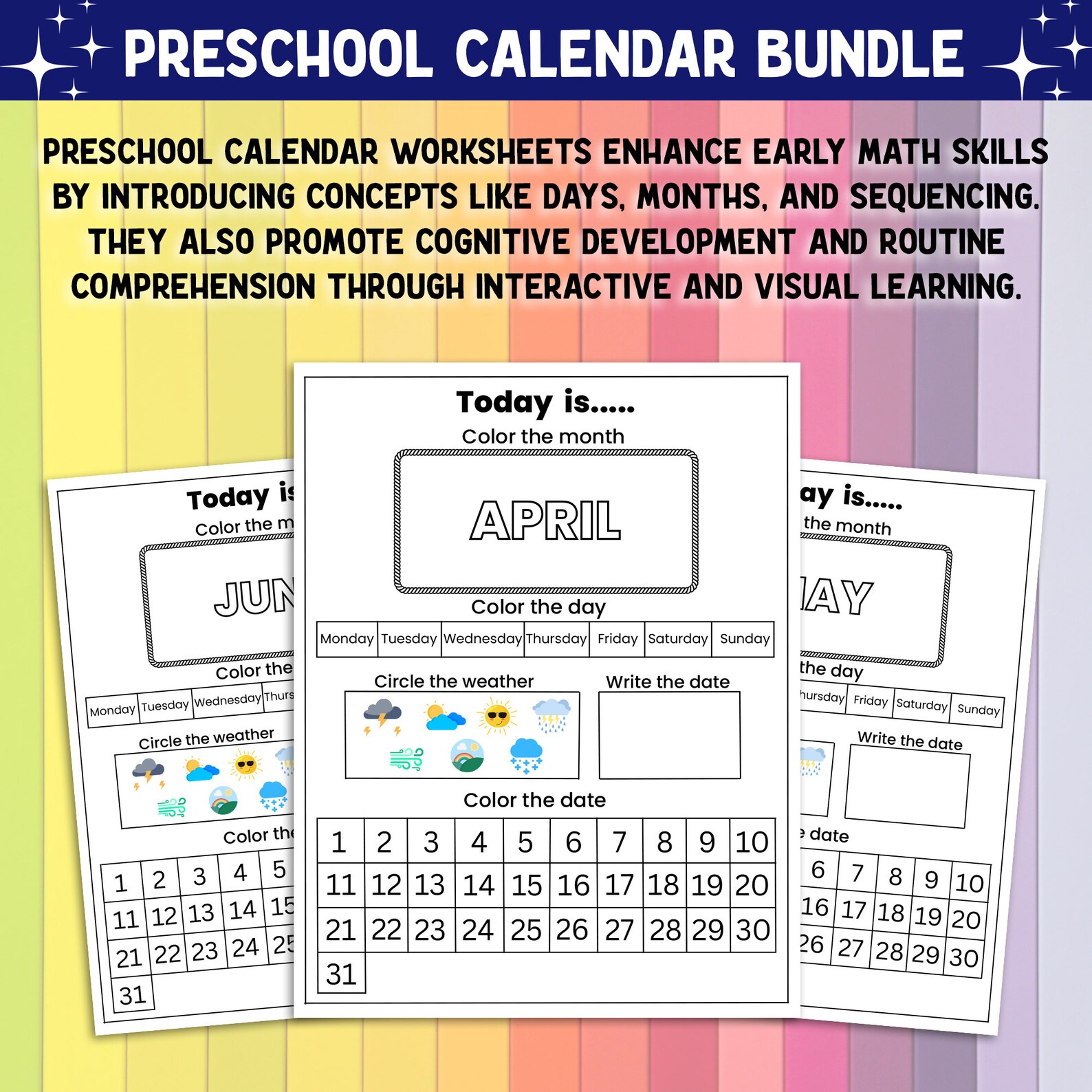 12 Printable Preschool Calendar Worksheet Pages Month, Day, Date ...