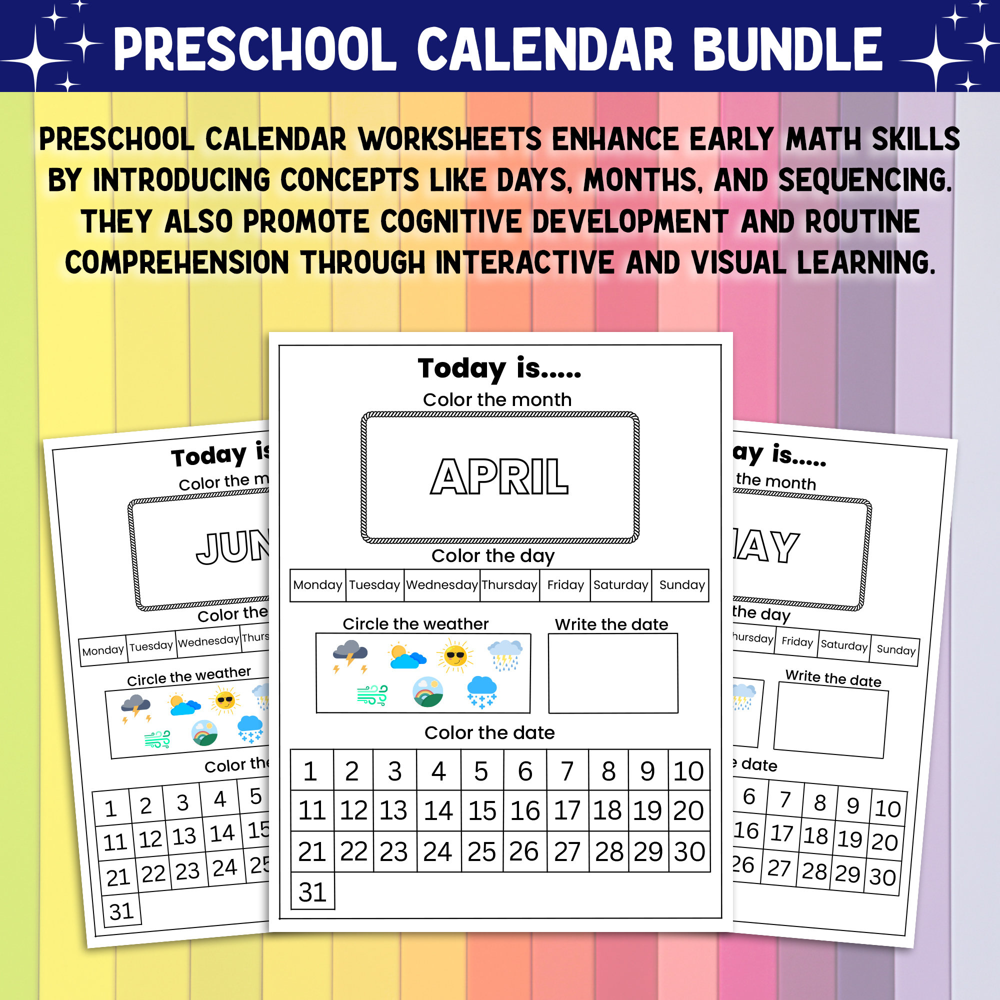 12 Printable Preschool Calendar Worksheet Pages Month, Day, Date ...