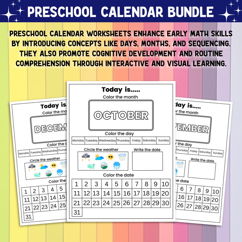 12 Printable Preschool Calendar Worksheet Pages Month, Day, Date ...