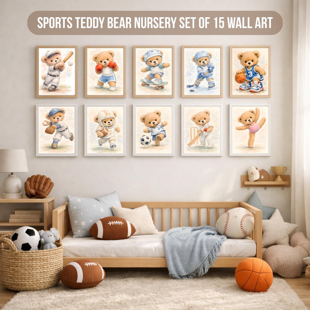 Teddy Bear Sports Wall Art Set of 15-vintage Printable Watercolor ...