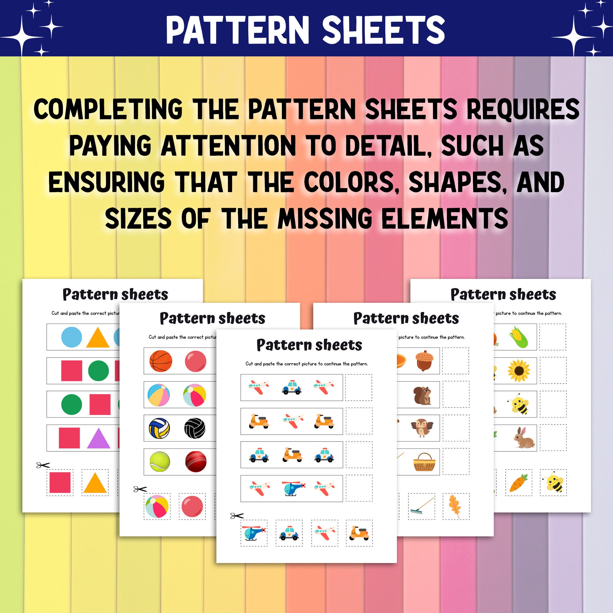 50 Pattern Worksheets, Shapes Matching Printable, Toddlers, Preschool ...