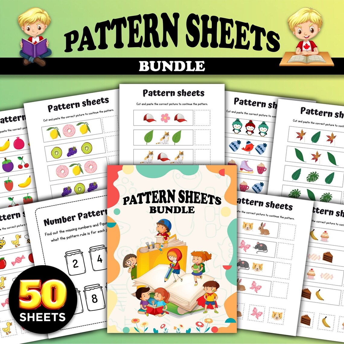 50 Pattern Worksheets, Shapes Matching Printable, Toddlers, Preschool ...