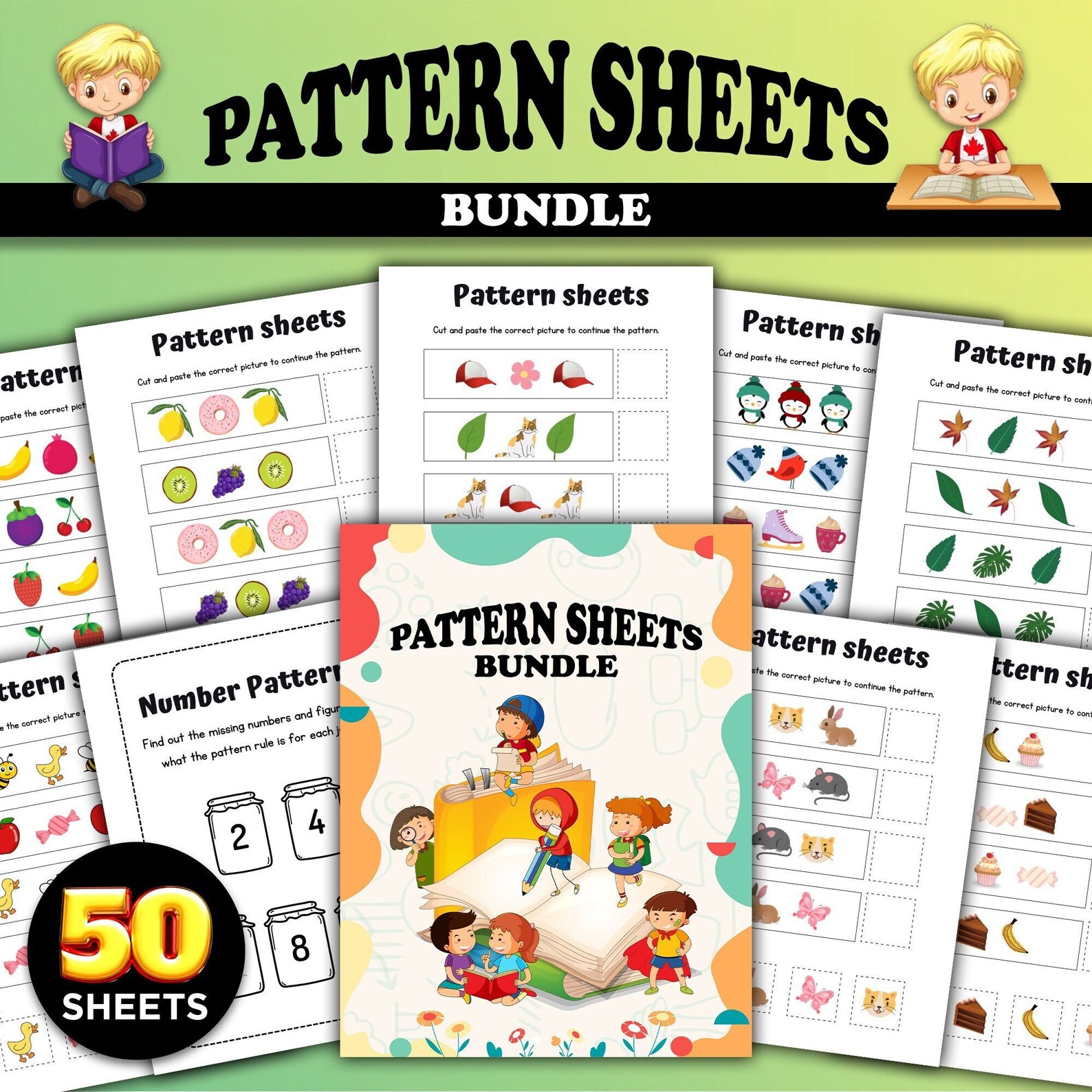 50 Pattern Worksheets, Shapes Matching Printable, Toddlers, Preschool ...