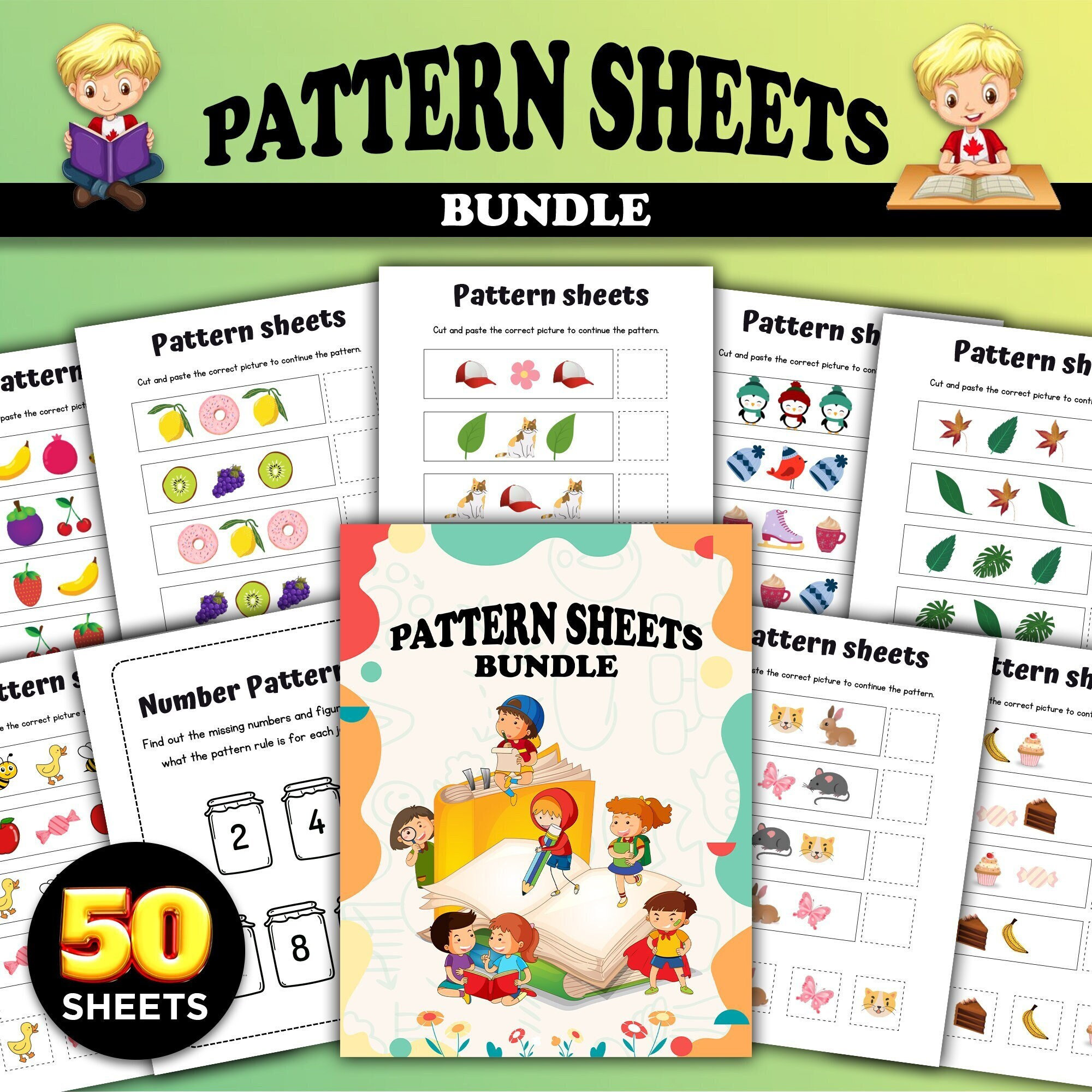 50 Pattern Worksheets, Shapes Matching Printable, Toddlers, Preschool ...