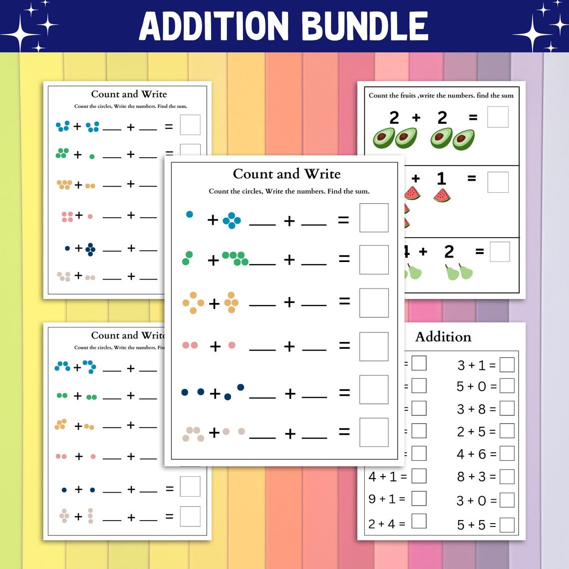98 Printable Addition Worksheets Kindergarten Addition Bundle and ...