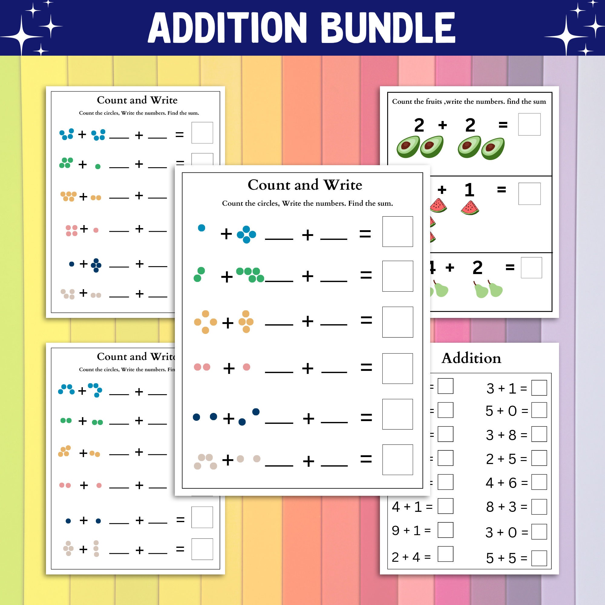 98 Printable Addition Worksheets Kindergarten Addition Bundle and ...