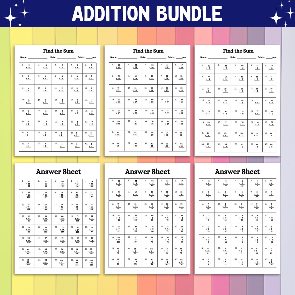 98 Printable Addition Worksheets Kindergarten Addition Bundle and ...