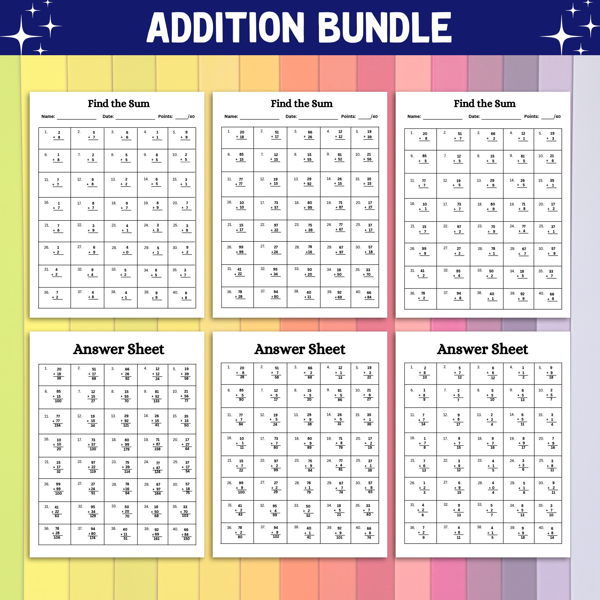 98 Printable Addition Worksheets Kindergarten Addition Bundle and ...