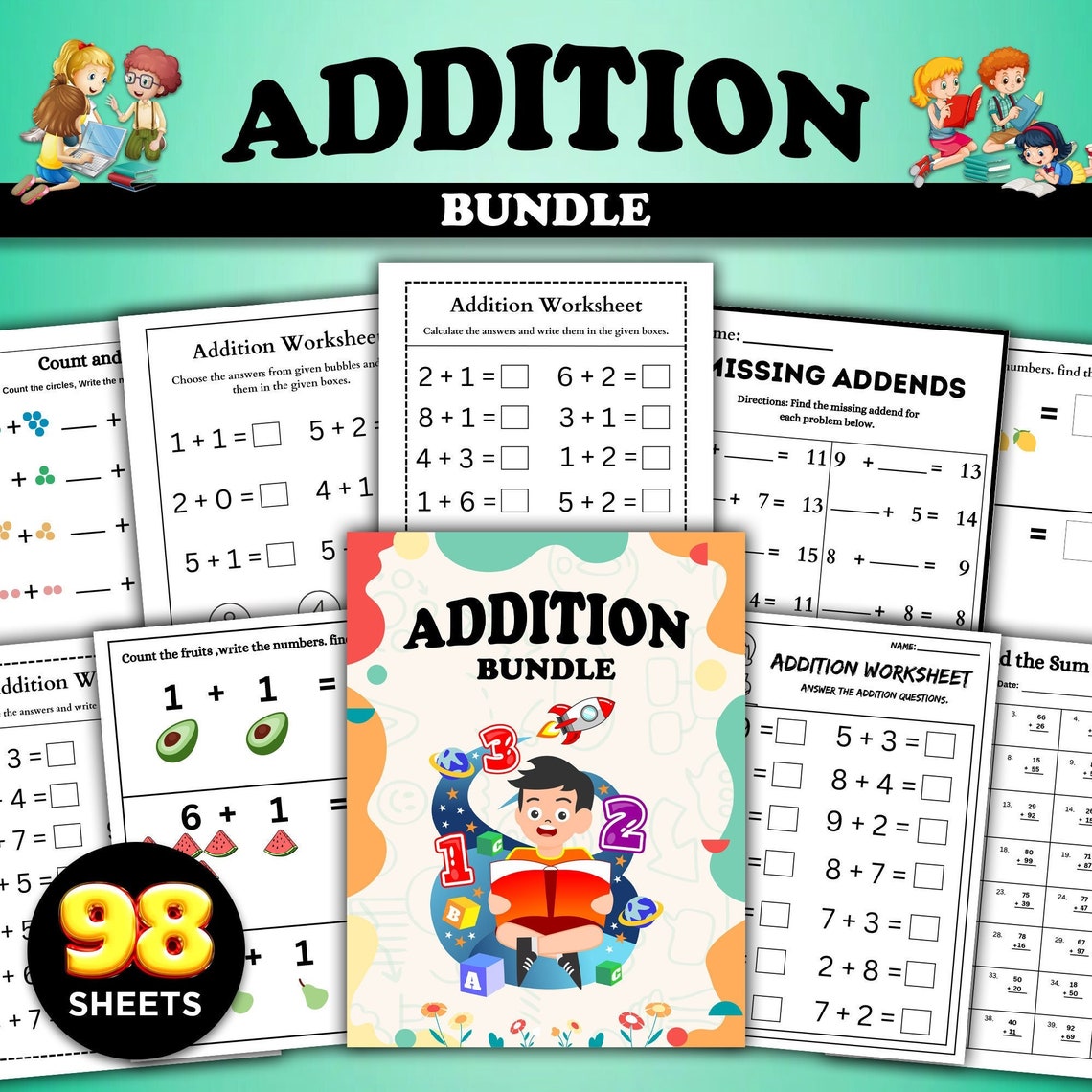 98 Printable Addition Worksheets: Kindergarten Math Bundle (PDF) - Etsy