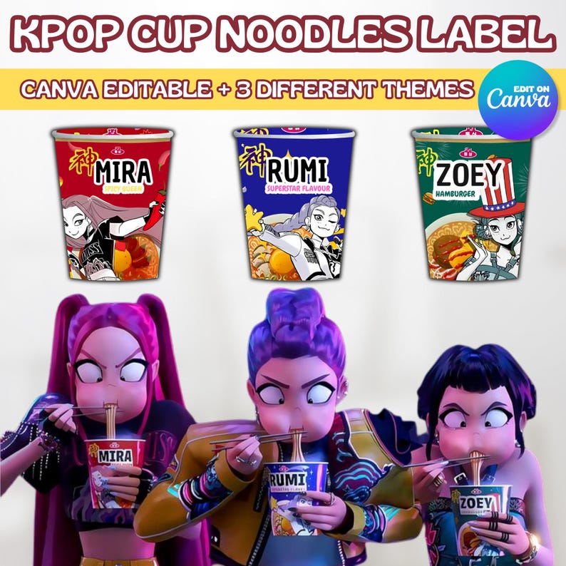 Kpop Demon Hunters Cup Noodle Labels, Cosplay Party Printables (canva ...