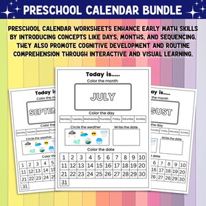 12 Printable Preschool Calendar Worksheet Pages | Month, Day, Date ...