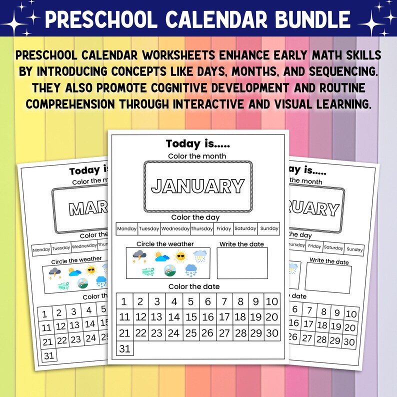 12 Printable Preschool Calendar Worksheet Pages Month, Day, Date ...