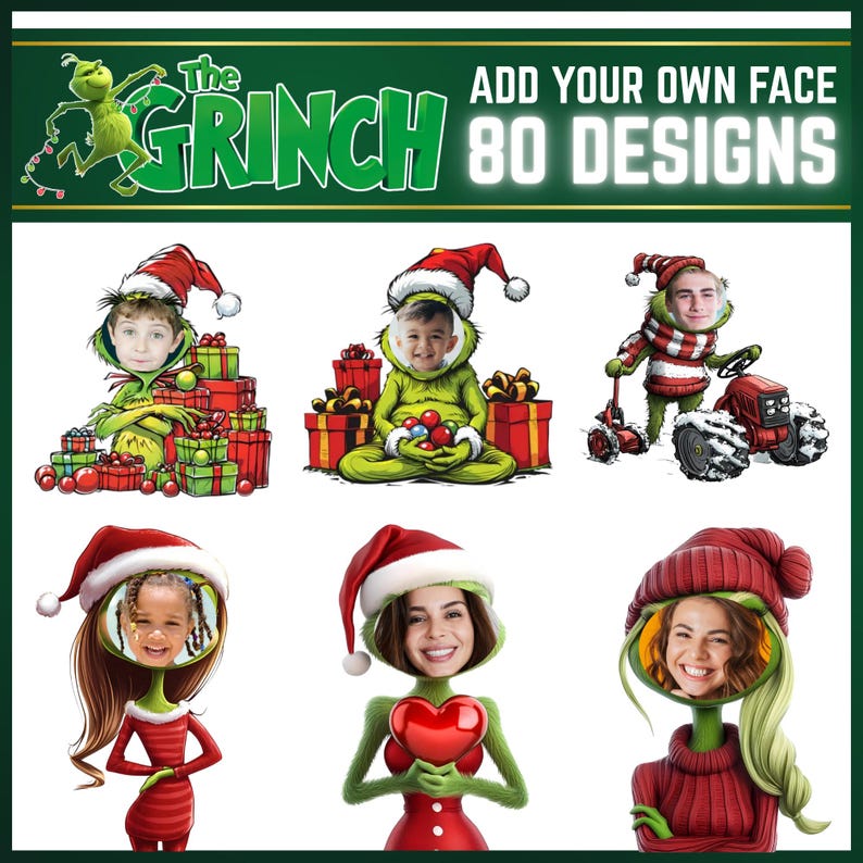 Grinch Christmas Design Add Photo, Face in Hole Template - Fully ...