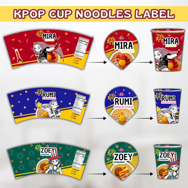 Kpop Demon Hunters Cup Noodle Labels, Cosplay Party Printables (canva ...