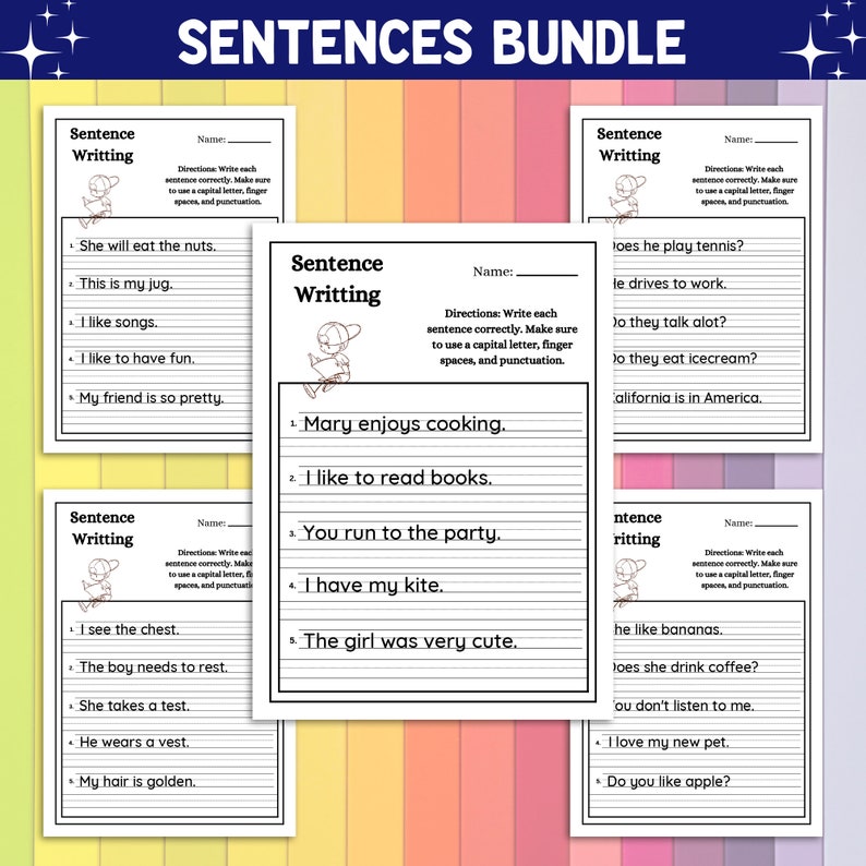 30 Printable Sentence Worksheets: ELA Practice (digital Download) - Etsy
