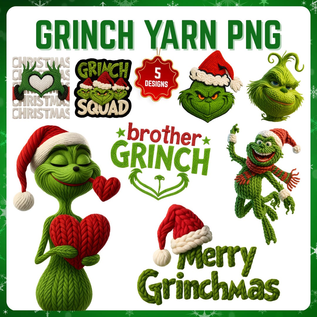 Latch Hook Yarn Grinch Christmas PNG Bundle, Faux Crochet Grinch PNG ...