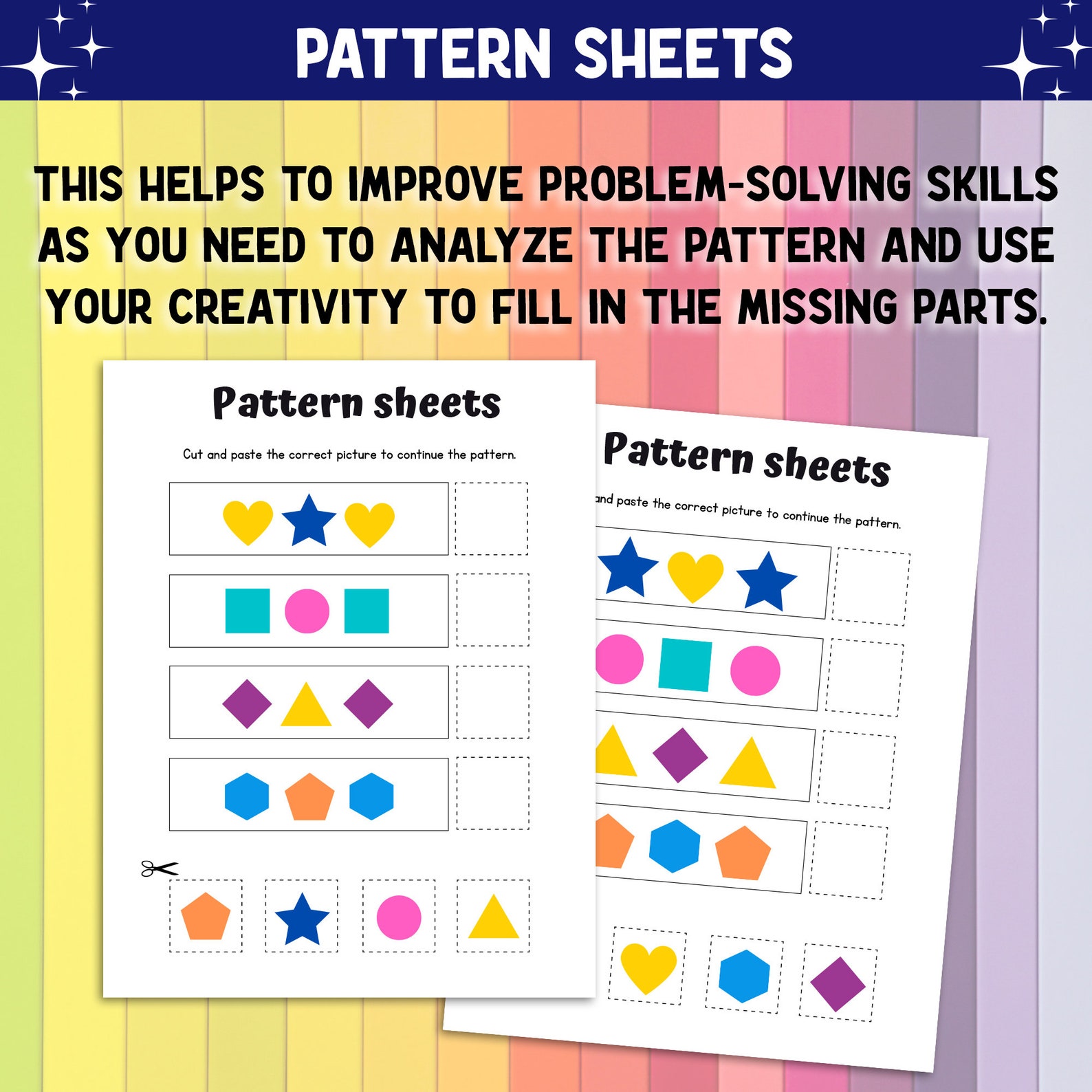 50 Pattern Worksheets, Shapes Matching Printable, Toddlers, Preschool ...