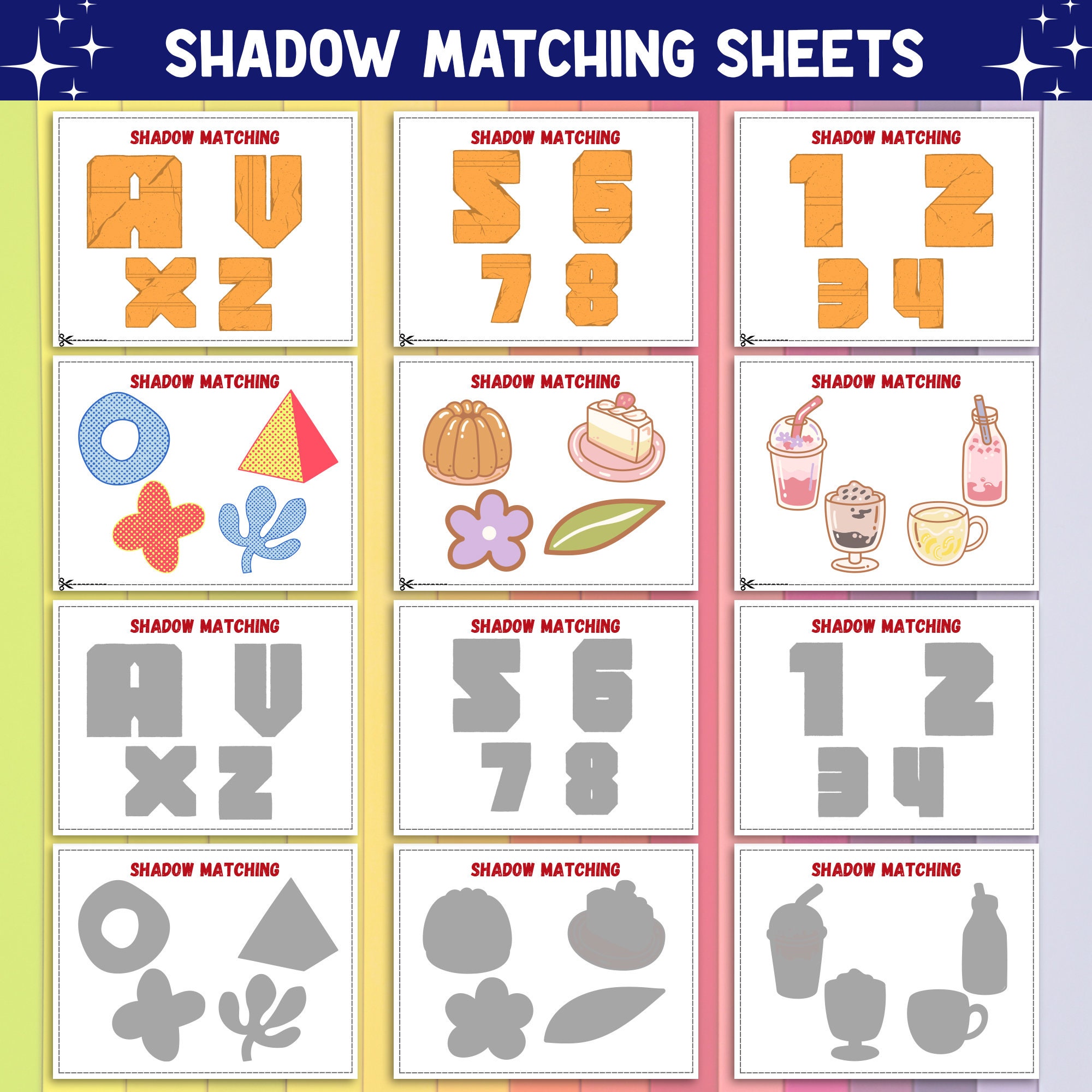 50 Printable Shadow Matching Activity Sheets, Preschool Kid's Games and ...