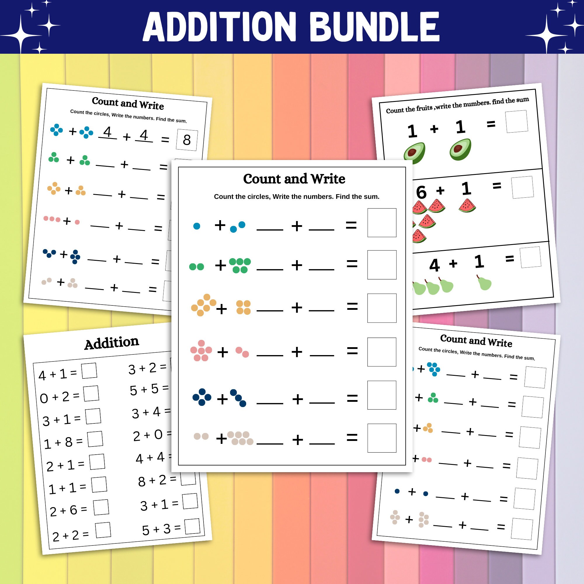 98 Printable Addition Worksheets Kindergarten Addition Bundle and ...