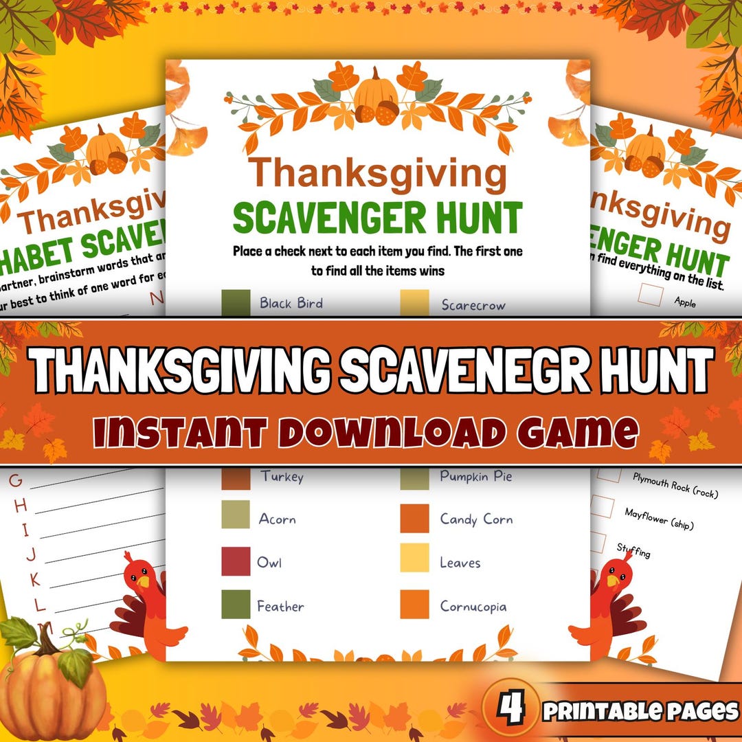 Thanksgiving Scavenger Hunt for Kids, Indoor Treasure Hunt Clues ...