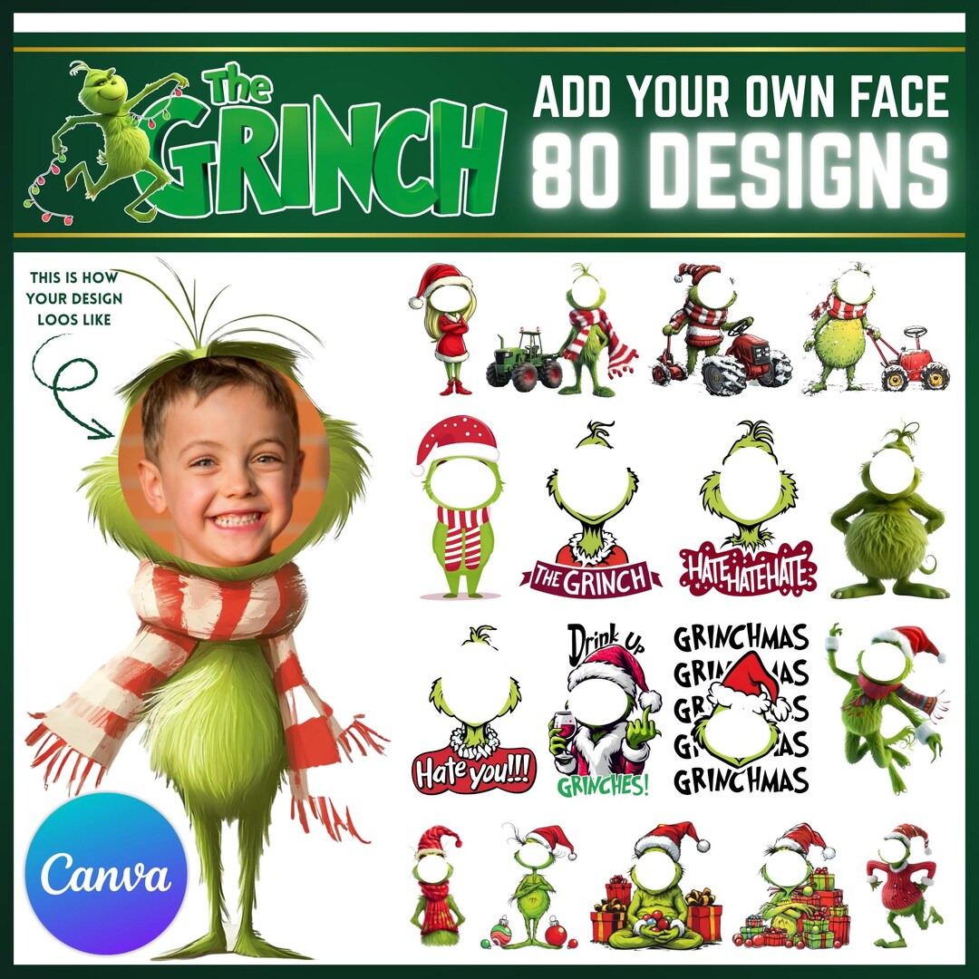 Grinch Christmas Design Add Photo, Face in Hole Template - Fully ...