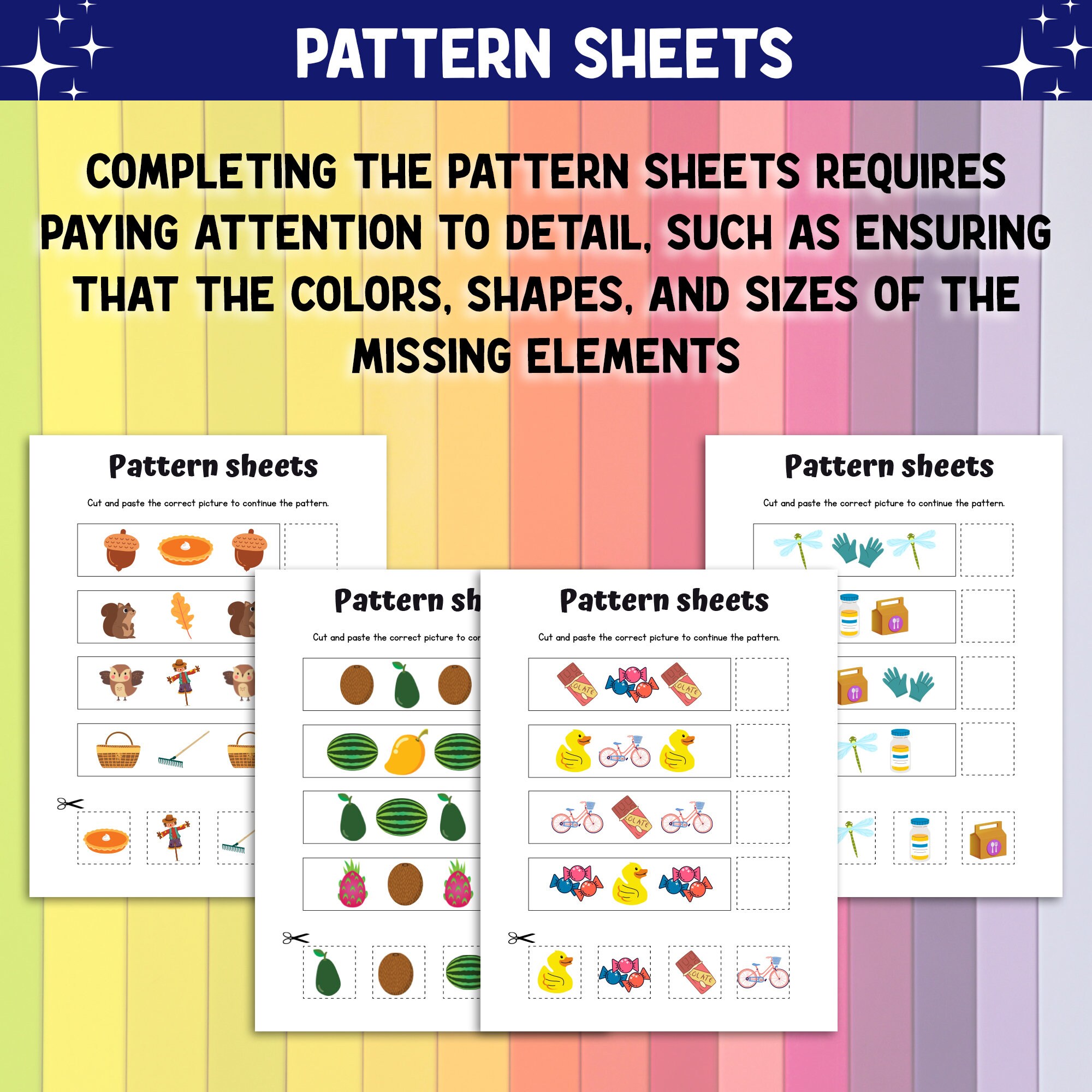 50 Pattern Worksheets, Shapes Matching Printable, Toddlers, Preschool ...