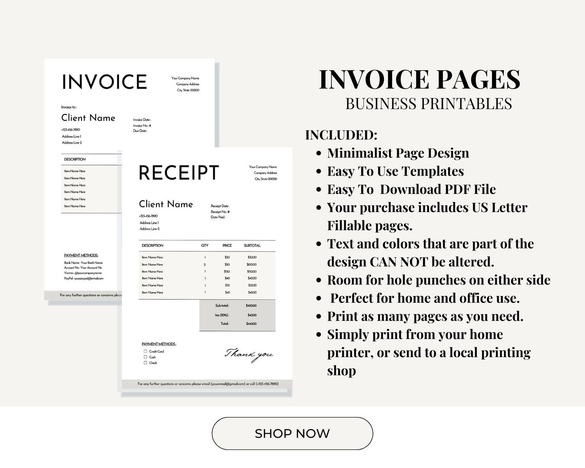 Customizable White Invoice and Receipt Design for Entrepreneurs Modern ...