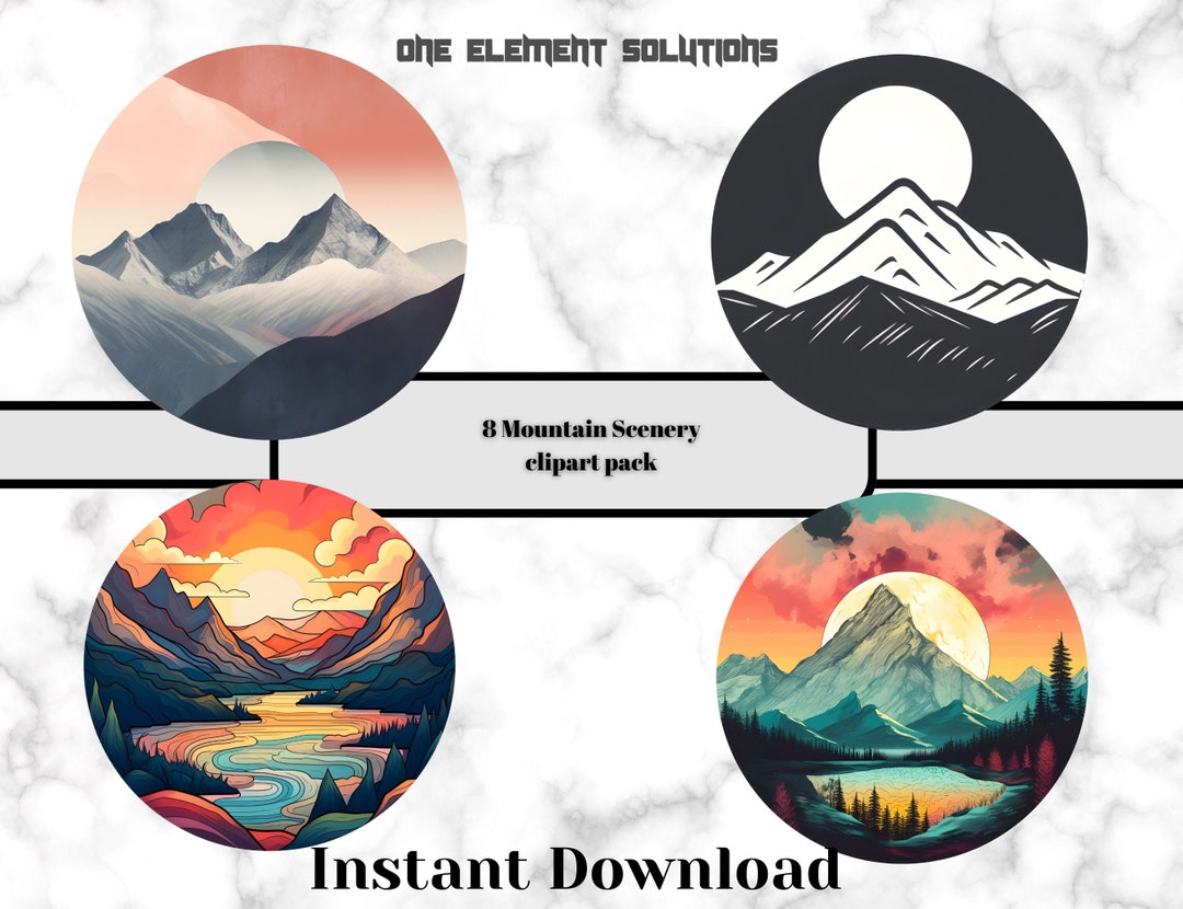 8 Mountain Scenery Circle Clip Art Bundle Ready to Print, Instant Use ...