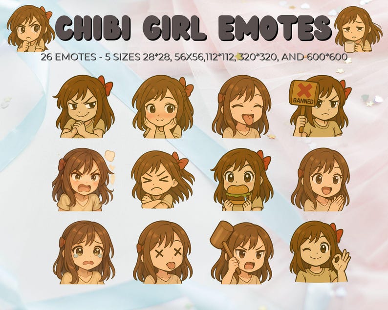 Chibi Brunette Girl Emote Pack: Kawaii Twitch/discord/youtube Stream ...