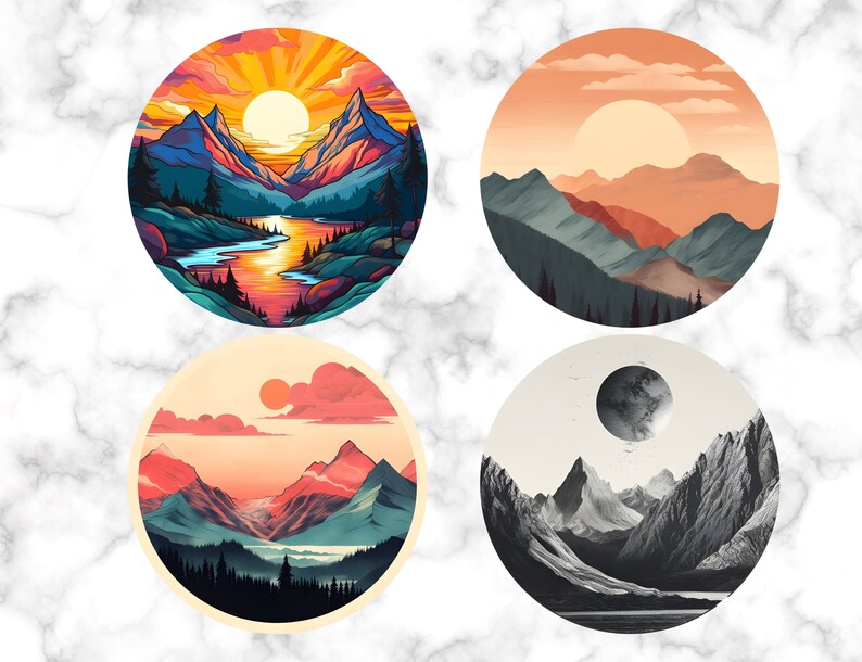 8 Mountain Scenery Circle Clip Art Bundle Ready to Print, Instant Use ...