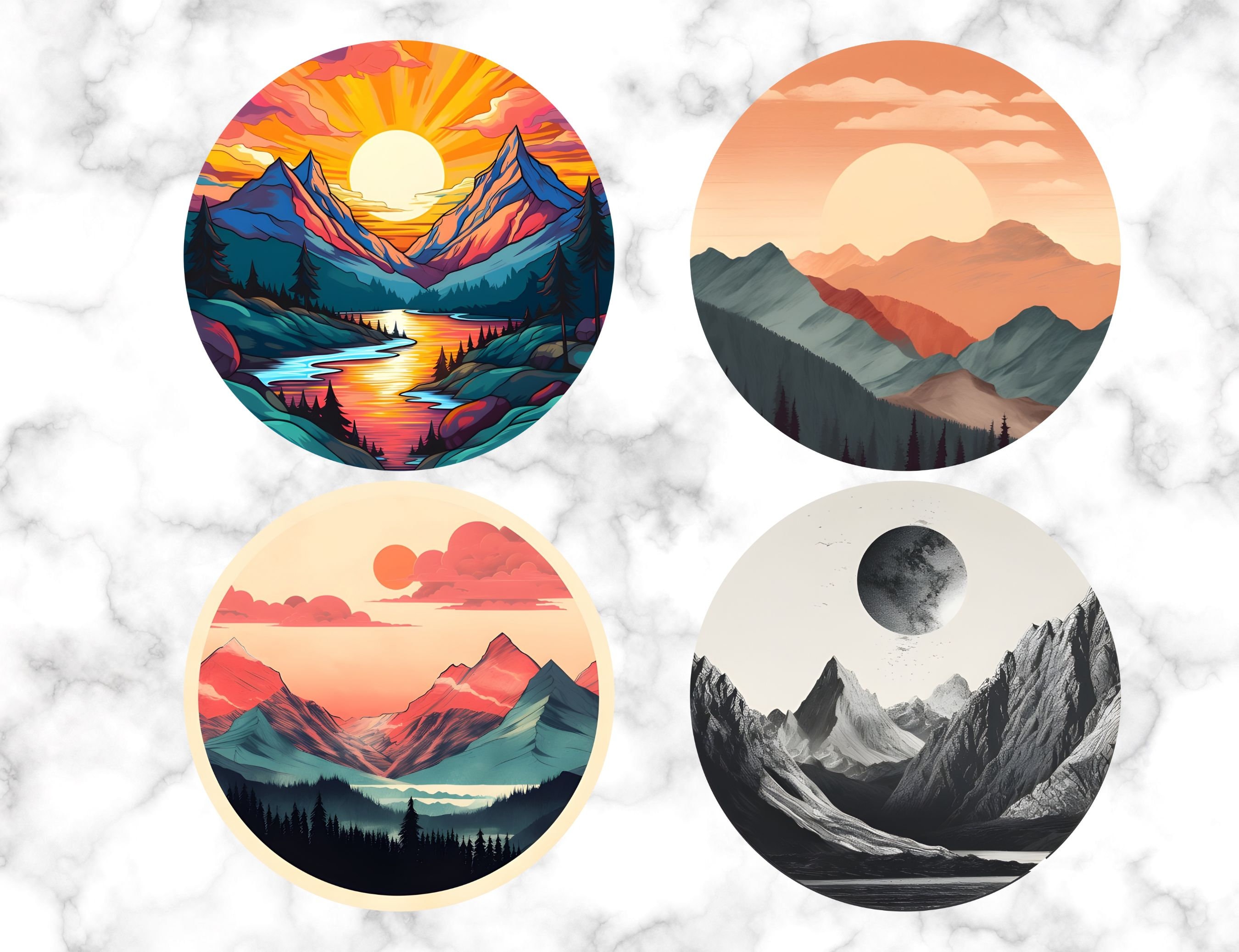 8 Mountain Scenery Circle Clip Art Bundle Ready to Print, Instant Use ...