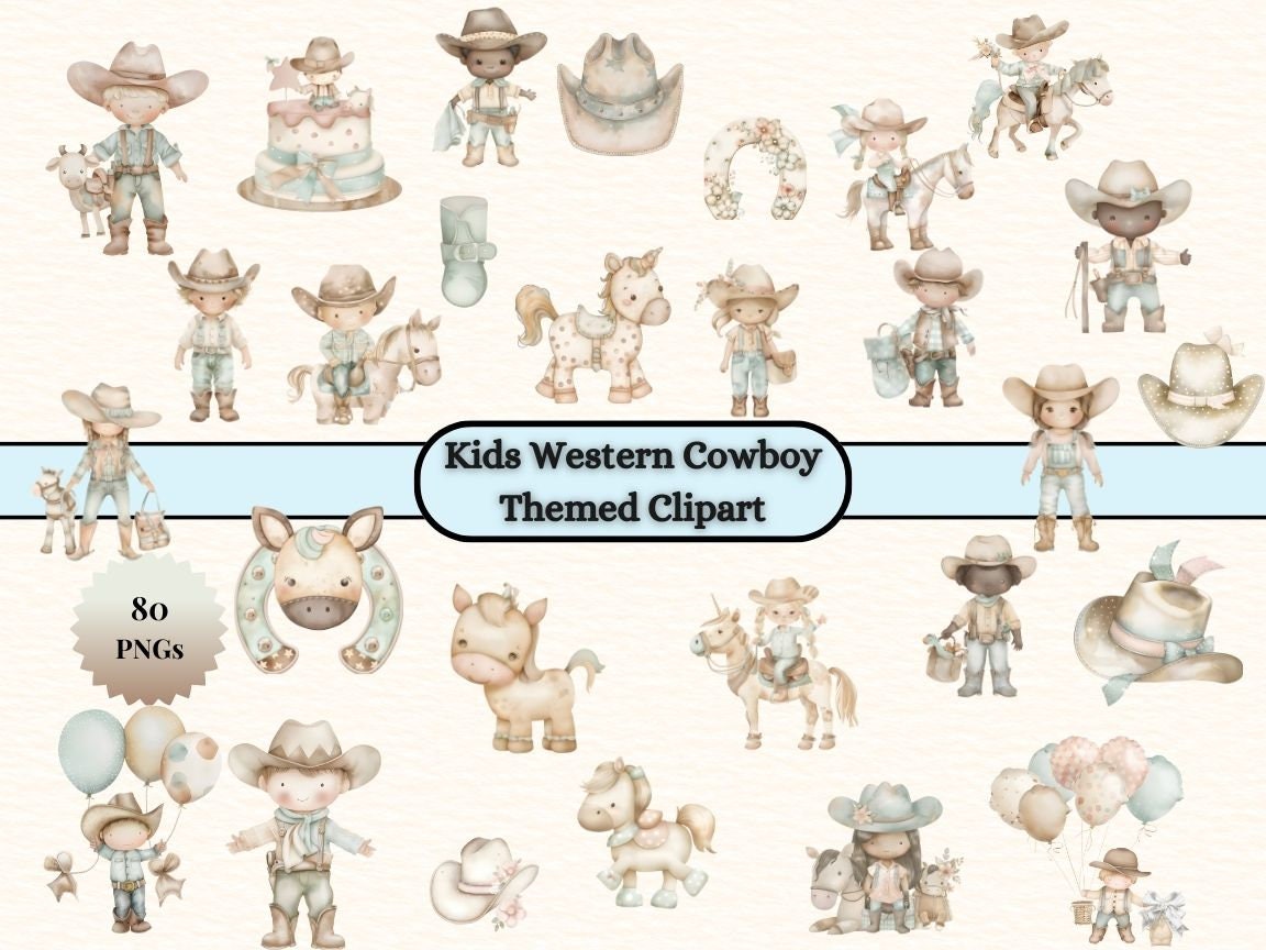 Kids Western Clipart Bundle: Cowboy, Cowgirl, Horses (digital Download ...