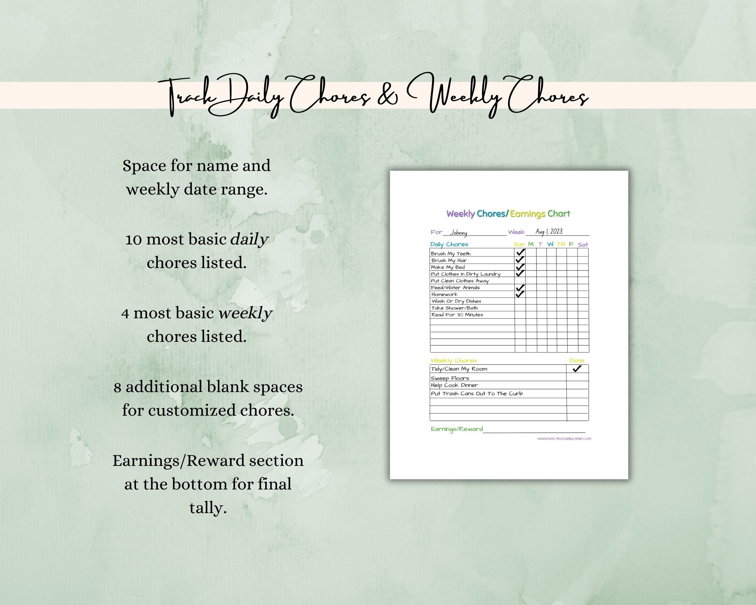 Kids Daily & Weekly Chore Chart Checklist Allowance List Printable or ...