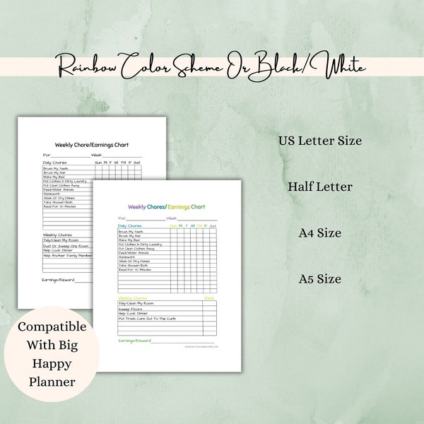 Kids Daily & Weekly Chore Chart Checklist Allowance List Printable or ...