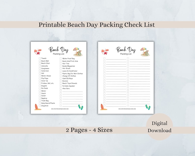 Beach Day Vacation Packing List Checklist Planner - Printable & Digital ...